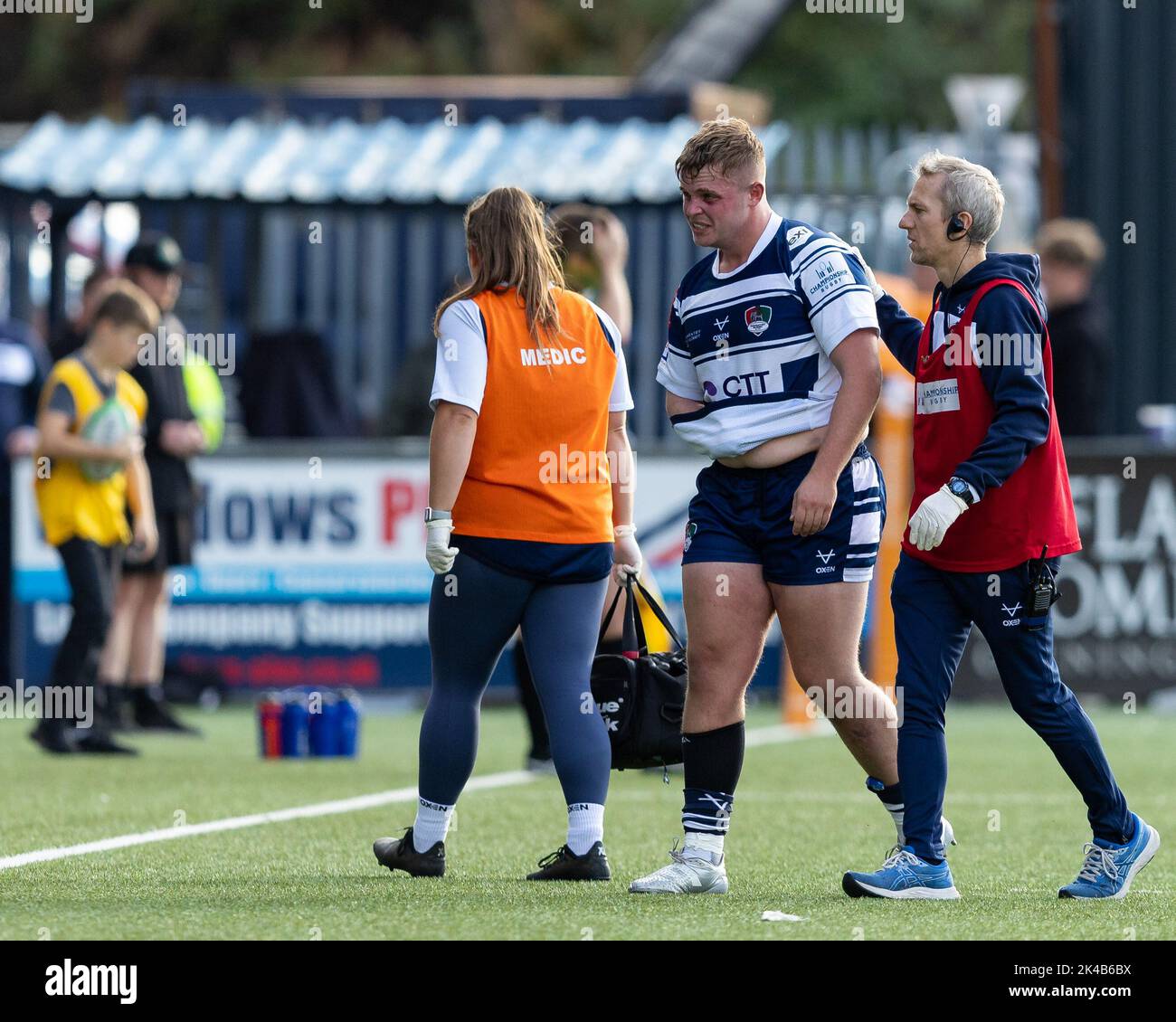 Will Biggs of Coventry Rugby leaves the field after suffering an injury ...