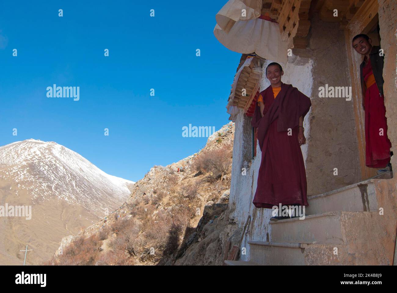 Buddhist monk in the rock monastery Drak Yerpa, Central Tibet, Tibet ...