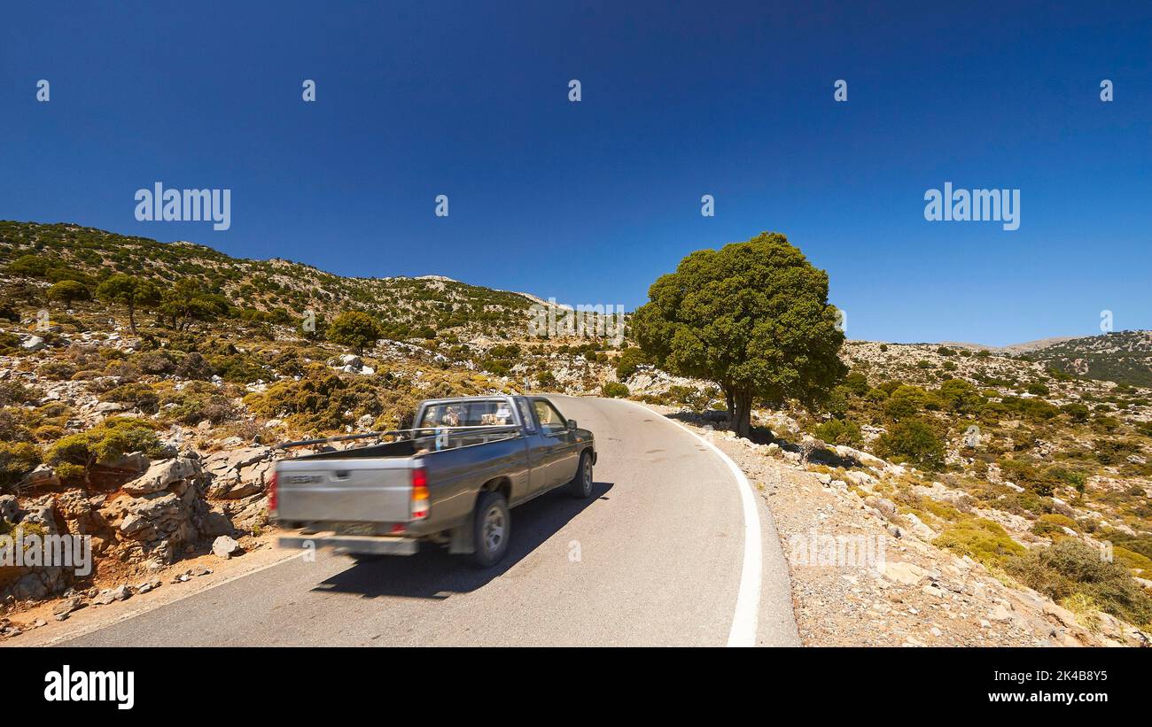 Lassithi plateau, Katharo plateau, road, pickup truck, tree, Machia ...