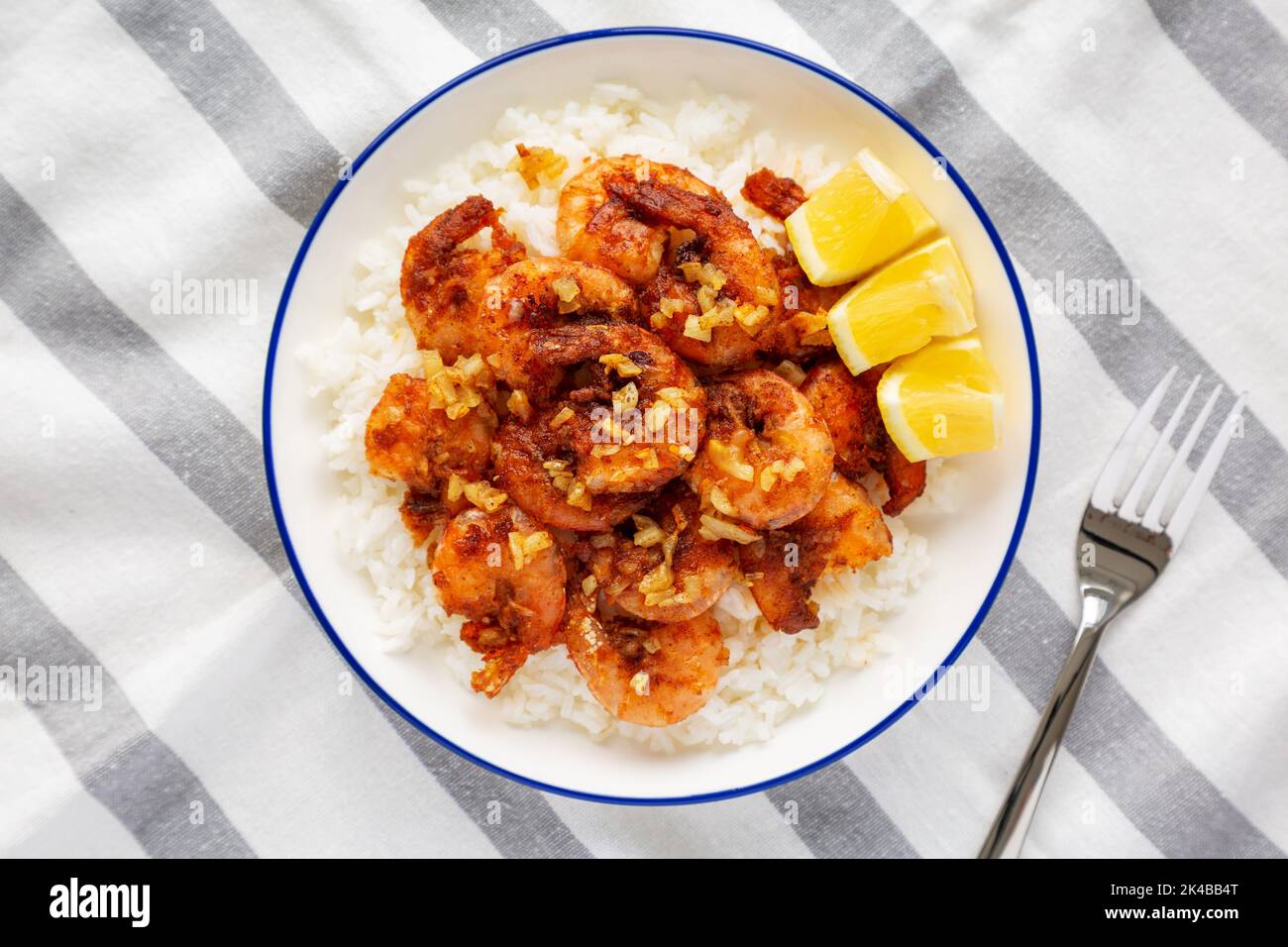 Homemade Hawaiian Garlic Shrimp Scampi on a Plate, top view. Flat lay ...