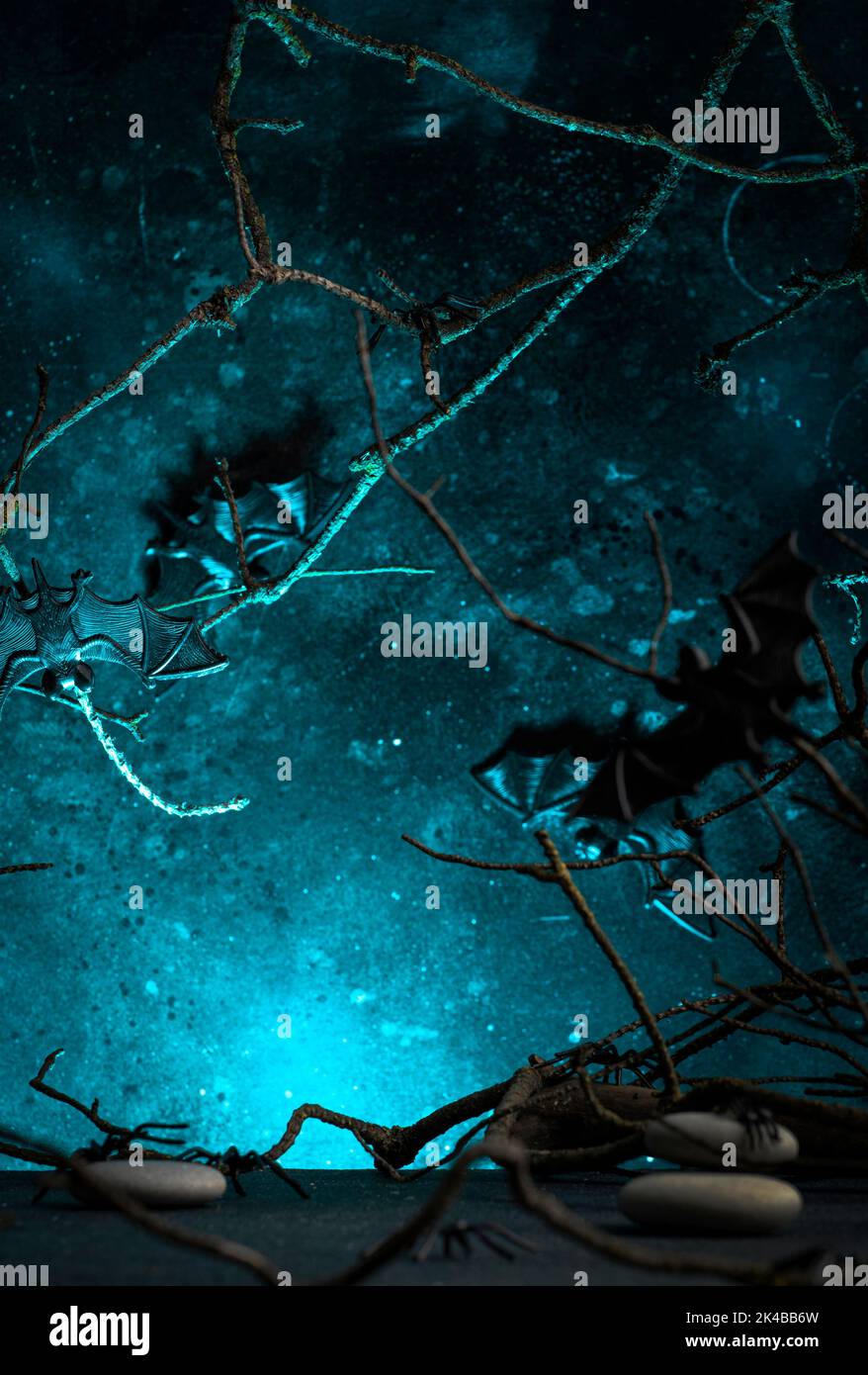 Halloween scary dark blue background with twisted branches, bats ...