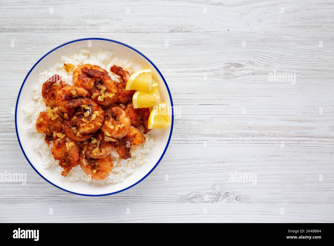 Homemade Hawaiian Garlic Shrimp Scampi on a Plate, top view. Flat lay ...