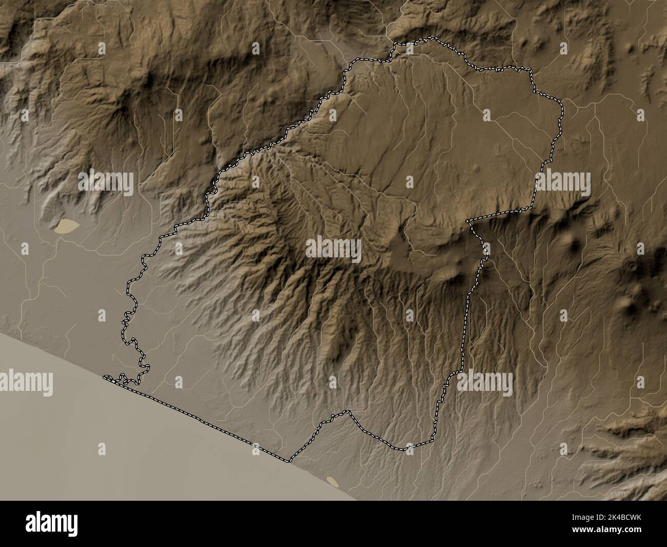 Ahuachapan, department of El Salvador. Elevation map colored in sepia ...