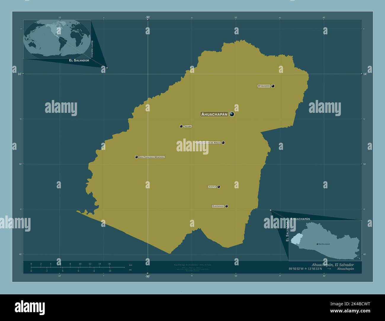 Ahuachapan, department of El Salvador. Solid color shape. Locations and ...