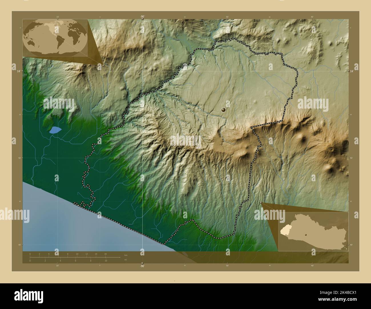 Ahuachapan, department of El Salvador. Colored elevation map with lakes ...