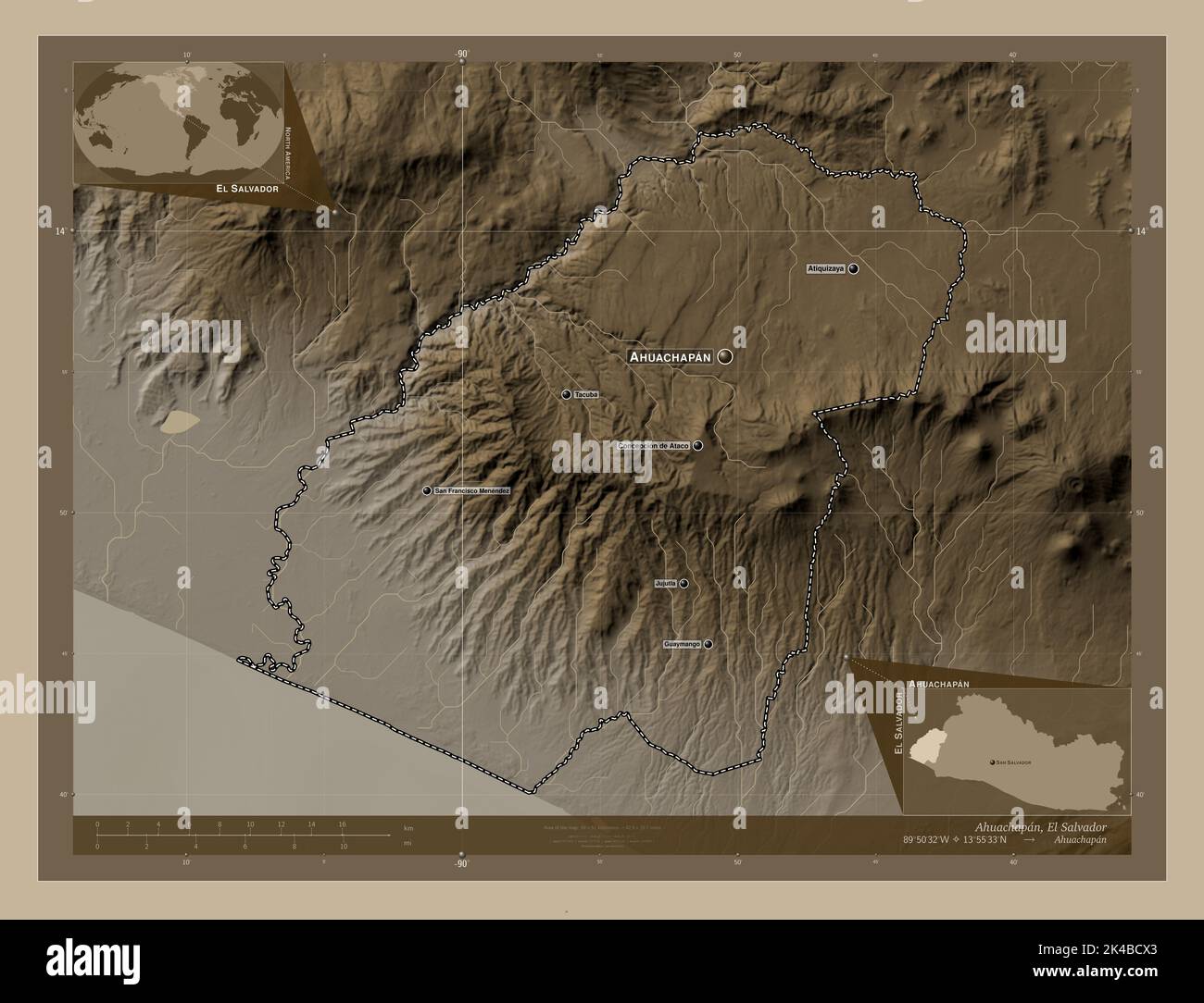 Ahuachapan, department of El Salvador. Elevation map colored in sepia ...