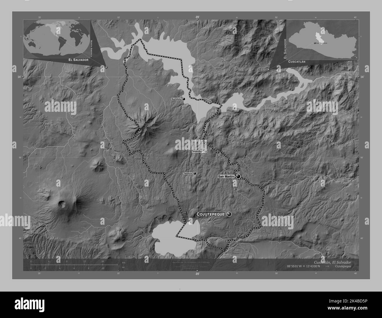 Cuscatlan, department of El Salvador. Grayscale elevation map with ...
