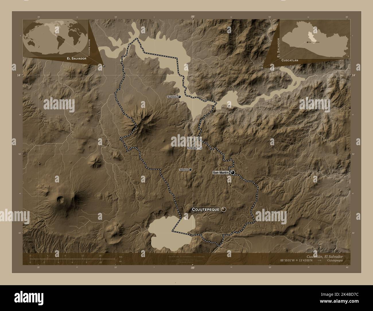 Cuscatlan, department of El Salvador. Elevation map colored in sepia ...