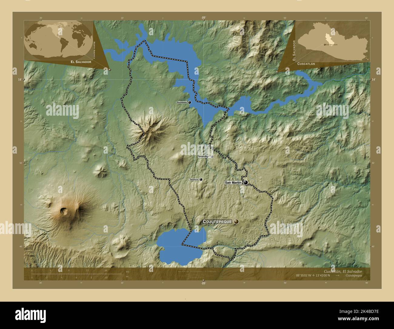 Cuscatlan, department of El Salvador. Colored elevation map with lakes ...