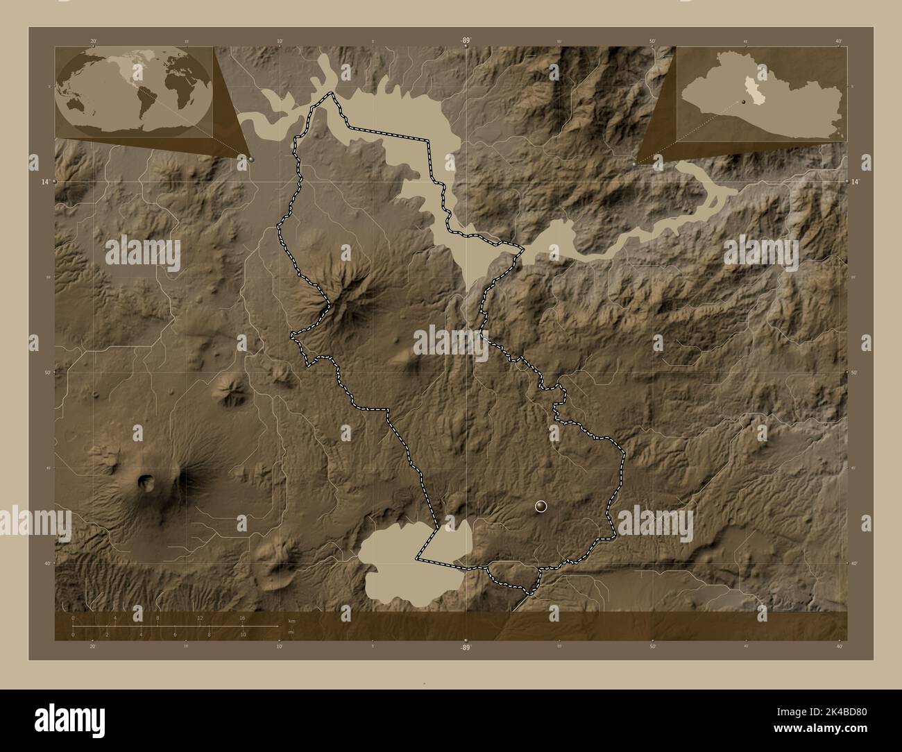 Cuscatlan, department of El Salvador. Elevation map colored in sepia ...