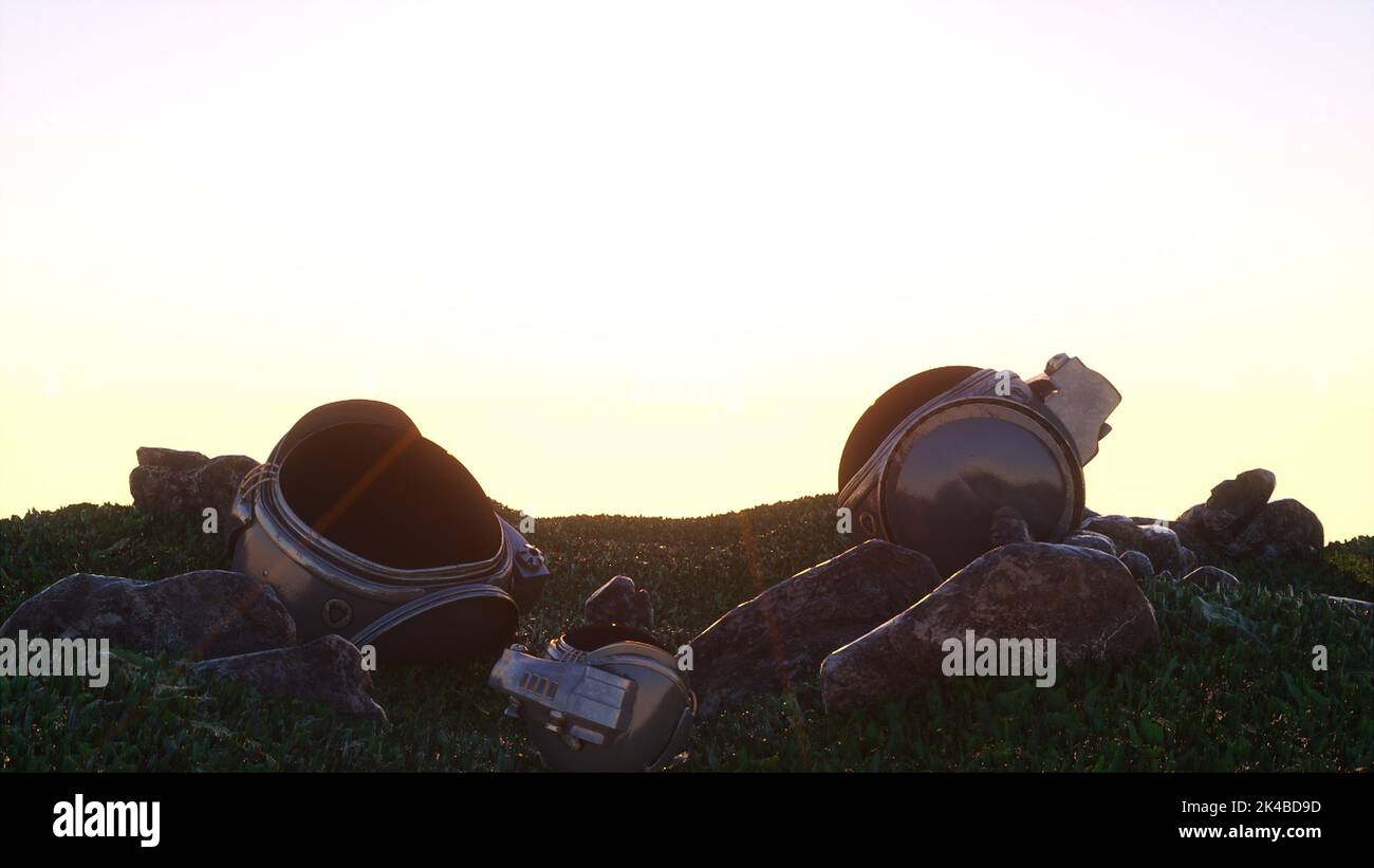 Stones and cosmonaut heads. Computer generated 3d render Stock Photo ...