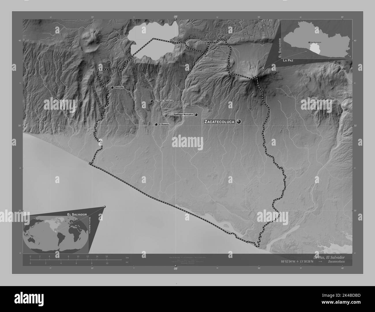 La Paz, department of El Salvador. Grayscale elevation map with lakes and rivers. Locations and ...