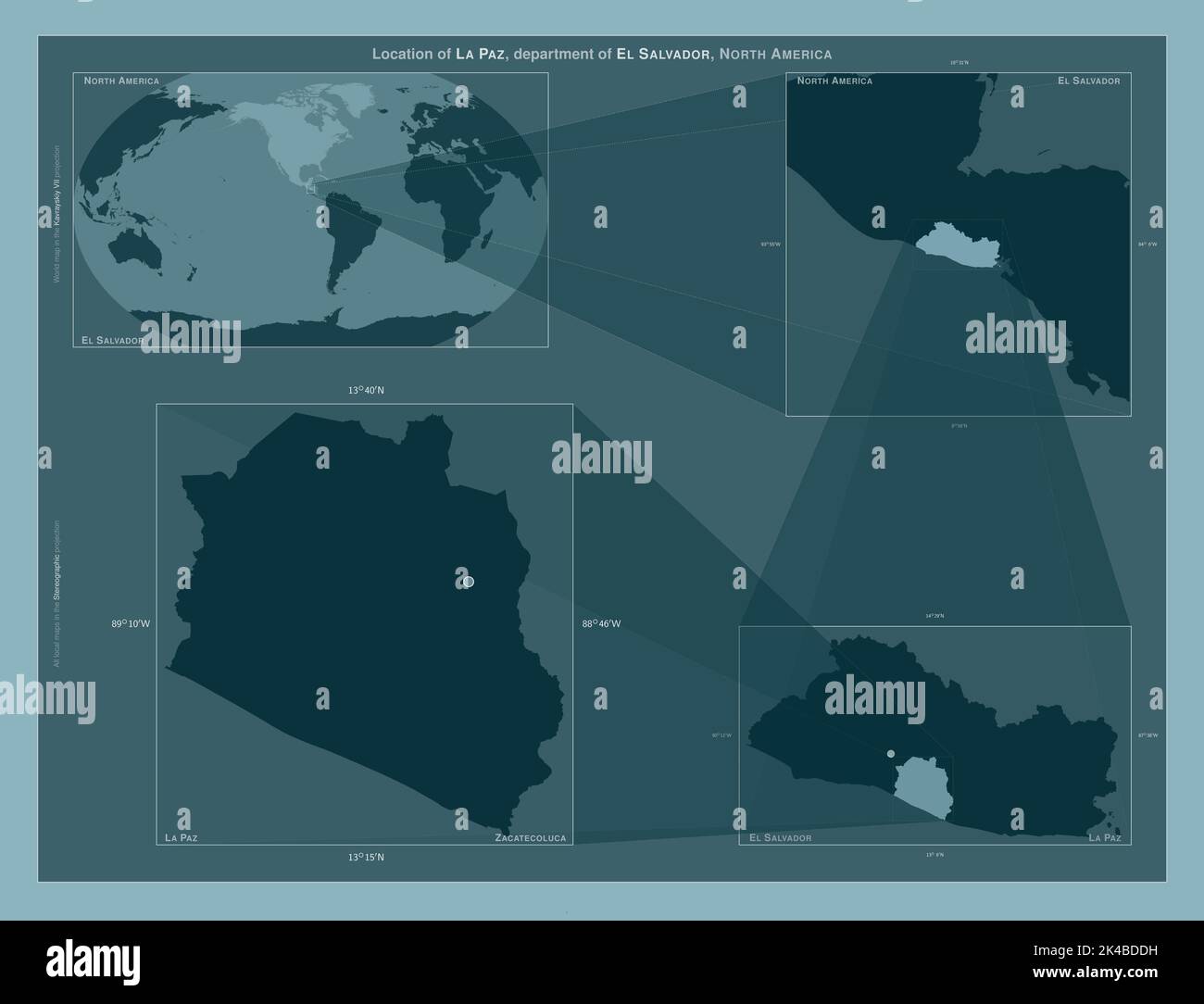 La Paz, department of El Salvador. Diagram showing the location of the region on larger-scale ...
