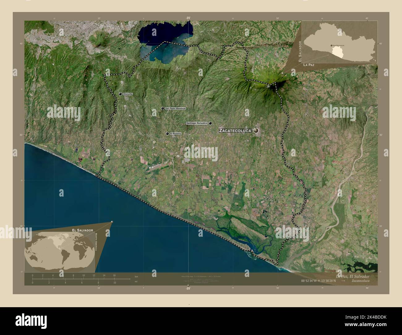 La Paz, department of El Salvador. High resolution satellite map. Locations and names of major ...
