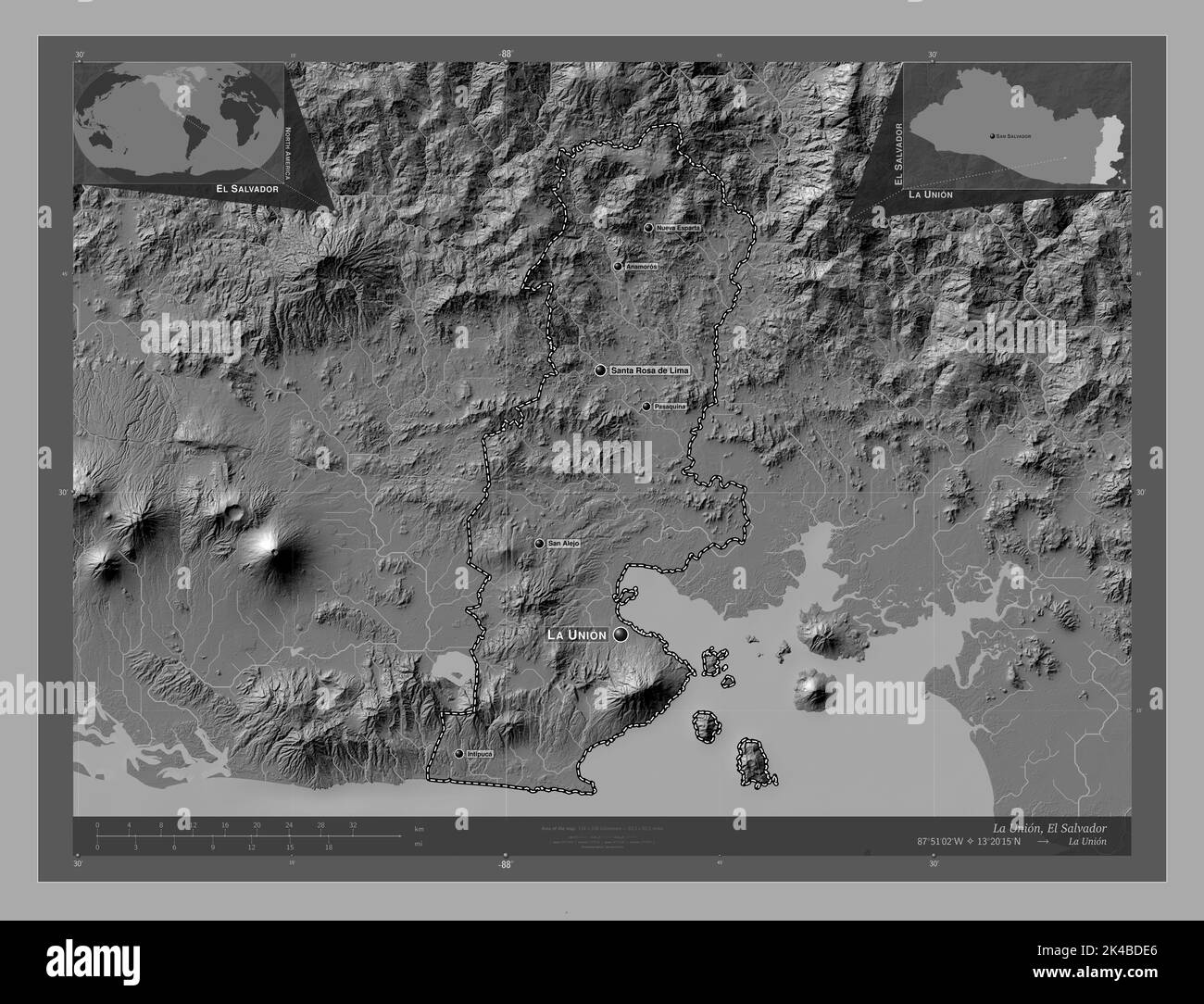 La Union, department of El Salvador. Bilevel elevation map with lakes ...