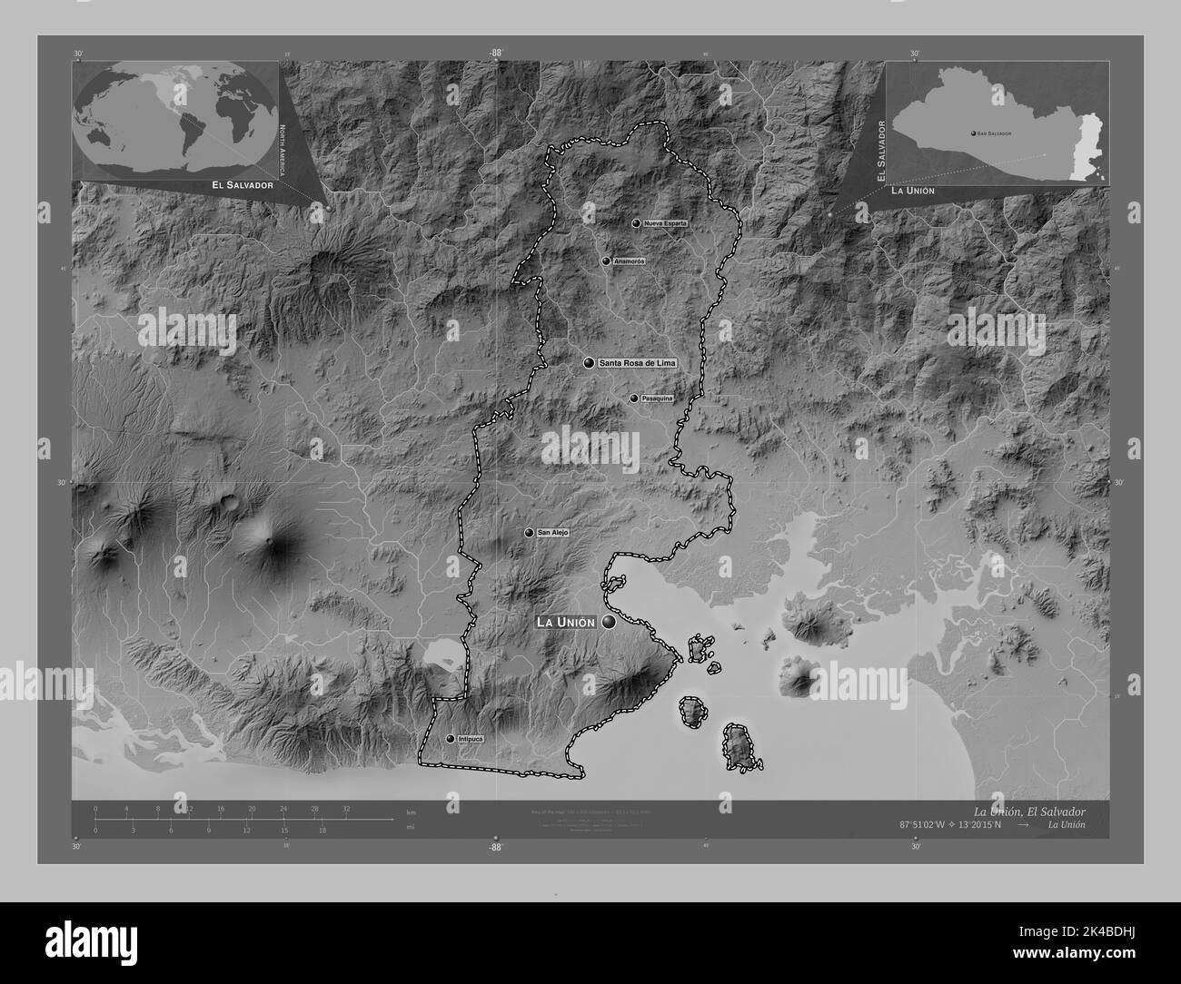 La Union, department of El Salvador. Grayscale elevation map with lakes ...