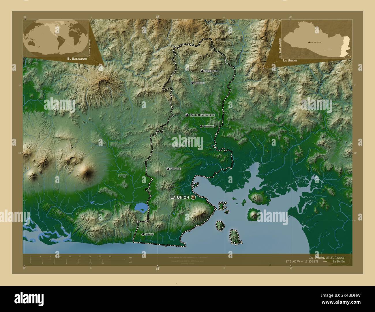 La Union, department of El Salvador. Colored elevation map with lakes ...