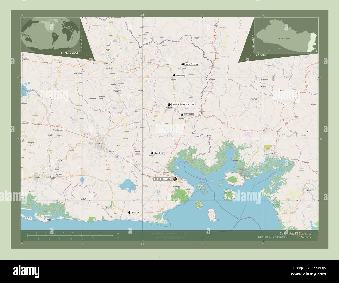 La Union, department of El Salvador. Open Street Map. Locations and ...