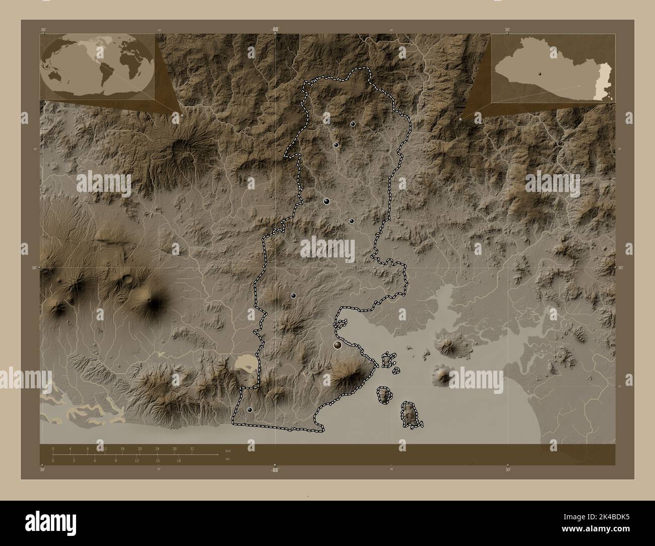 La Union, department of El Salvador. Elevation map colored in sepia ...