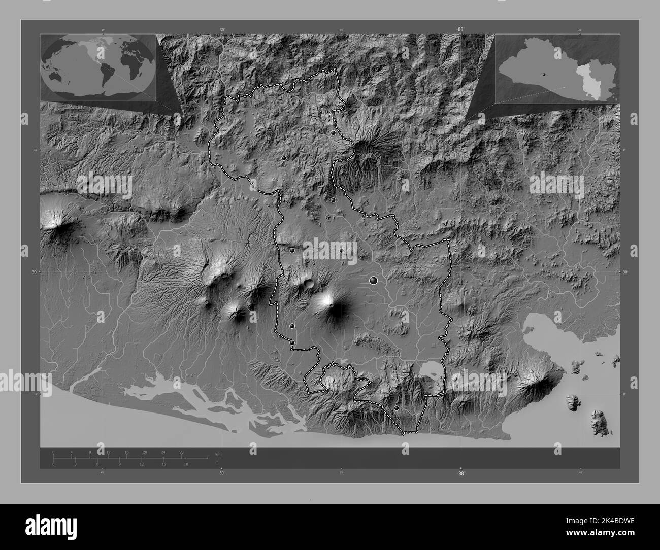 San Miguel, department of El Salvador. Bilevel elevation map with lakes and rivers. Locations of ...