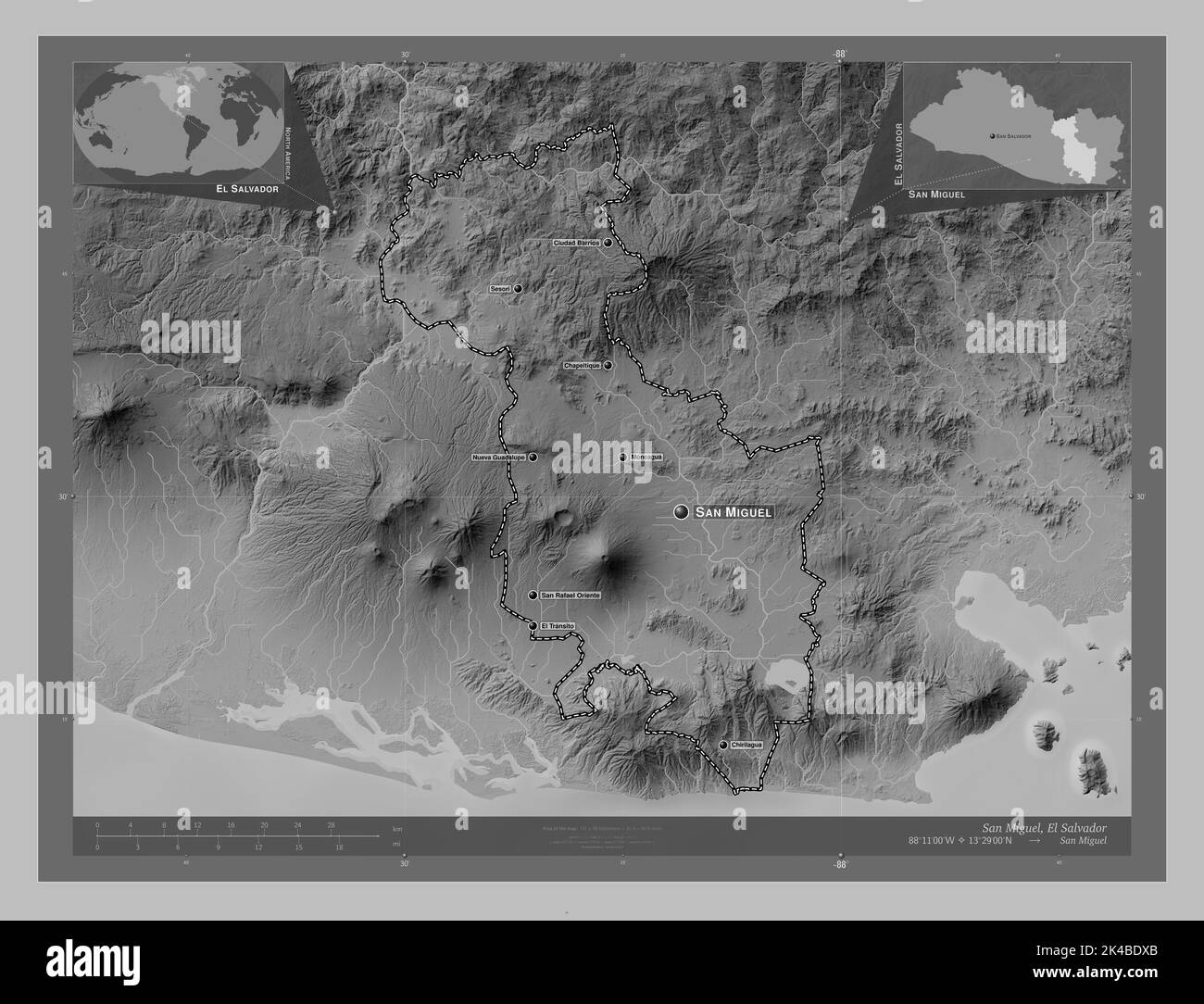 San Miguel, department of El Salvador. Grayscale elevation map with lakes and rivers. Locations ...