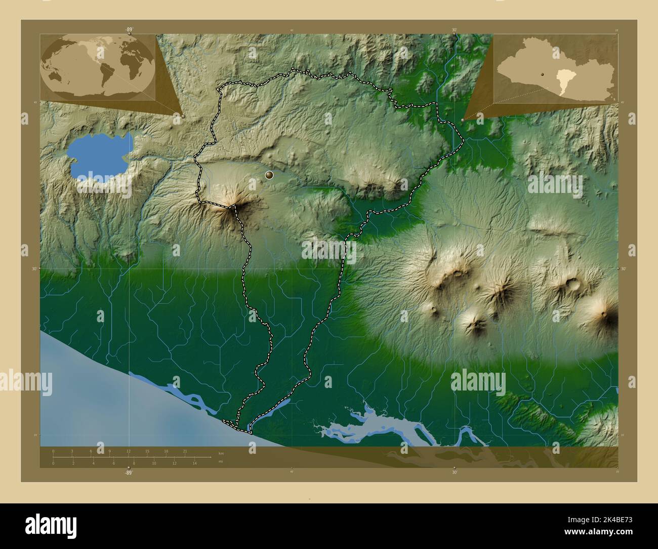 San Vicente, department of El Salvador. Colored elevation map with ...