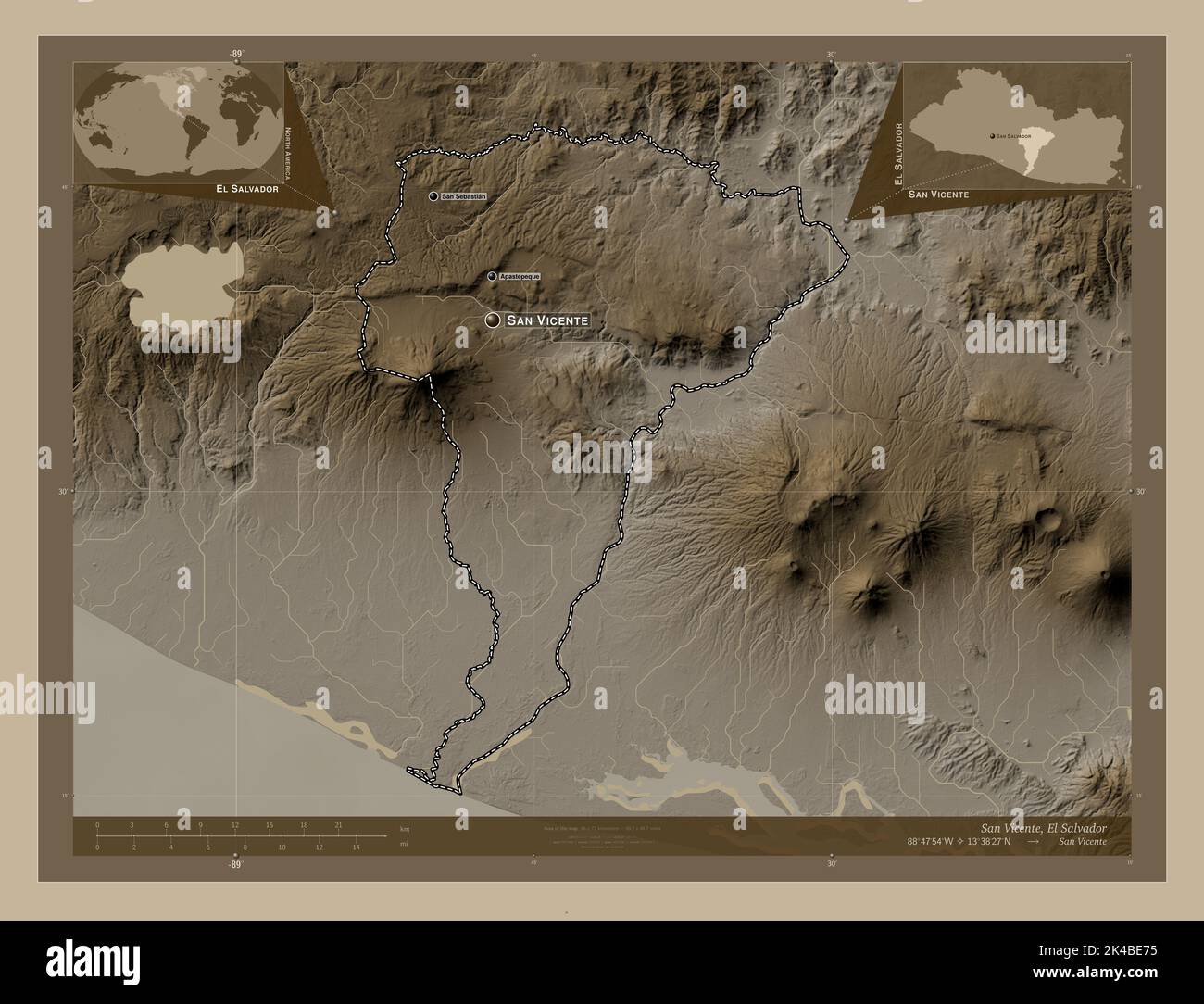 San Vicente, department of El Salvador. Elevation map colored in sepia ...