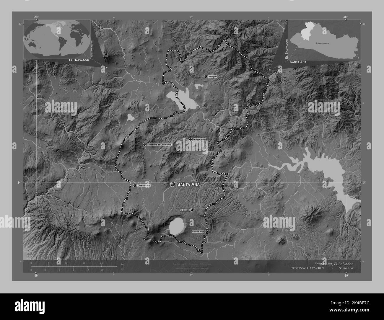 Santa Ana, department of El Salvador. Grayscale elevation map with ...