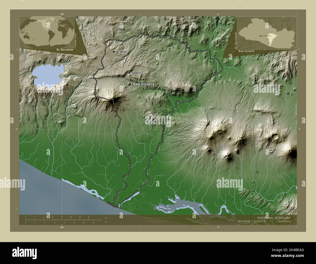 San Vicente, department of El Salvador. Elevation map colored in wiki ...