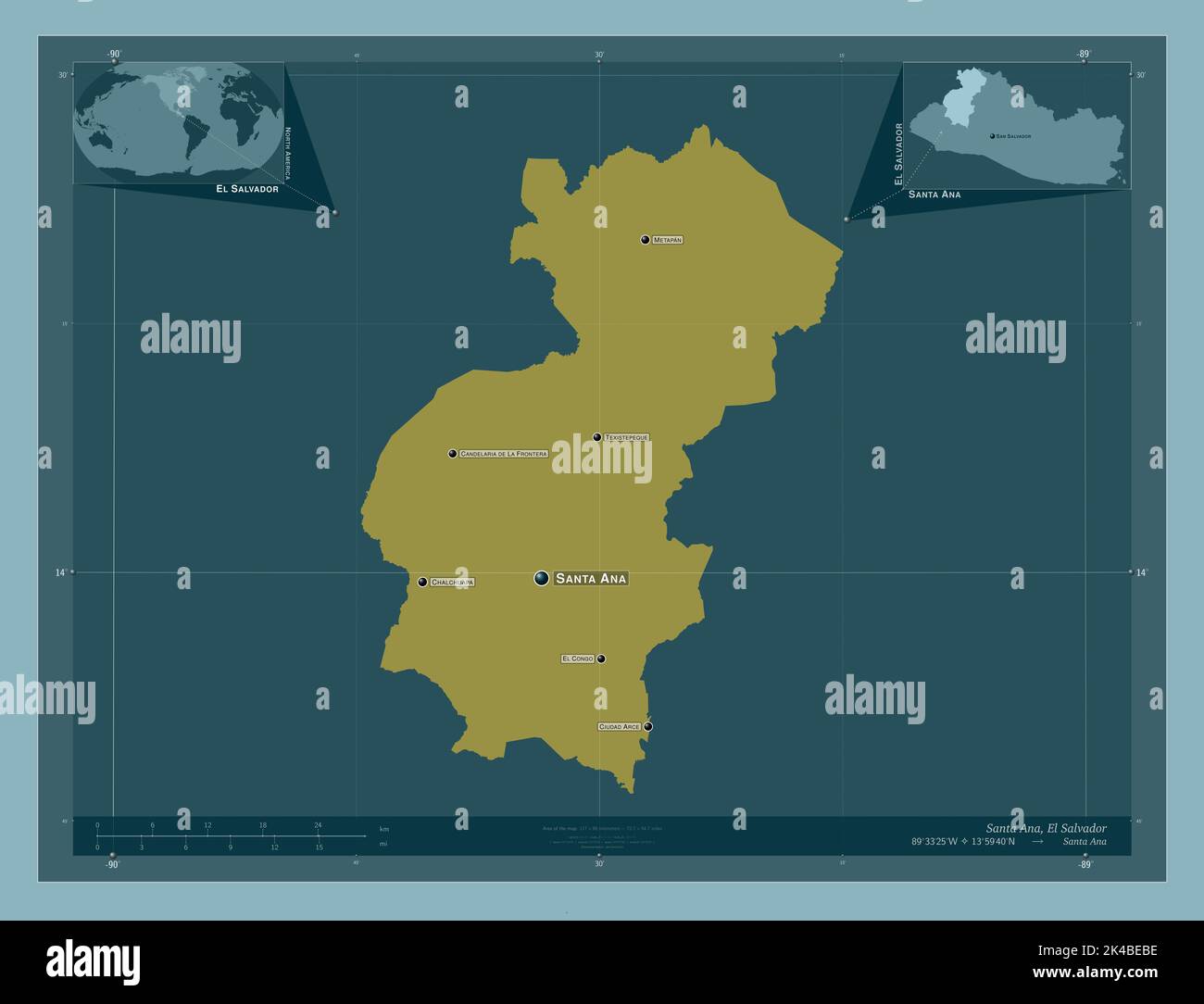 Santa Ana, department of El Salvador. Solid color shape. Locations and ...