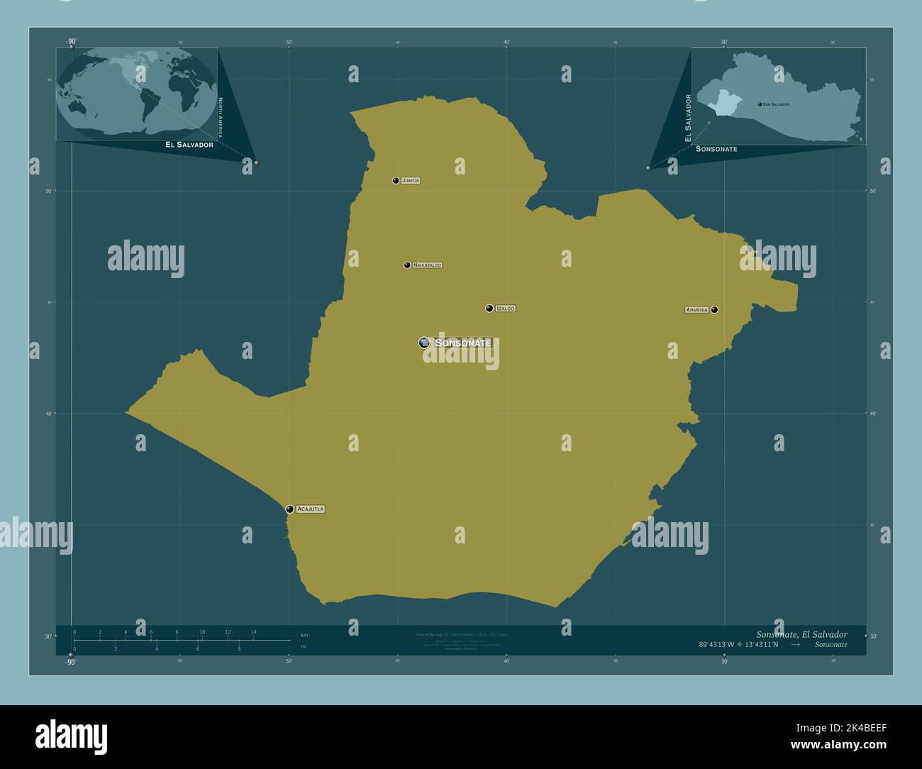 Sonsonate, department of El Salvador. Solid color shape. Locations and ...