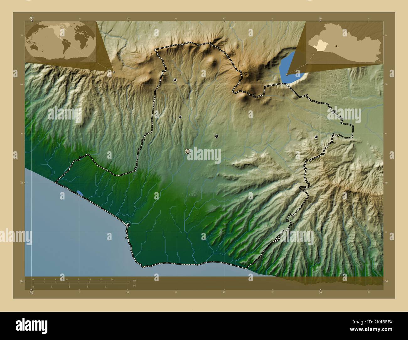 Sonsonate, department of El Salvador. Colored elevation map with lakes ...