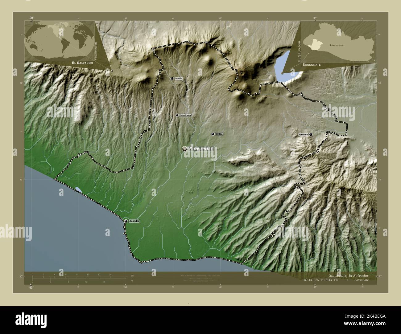 Sonsonate, department of El Salvador. Elevation map colored in wiki ...