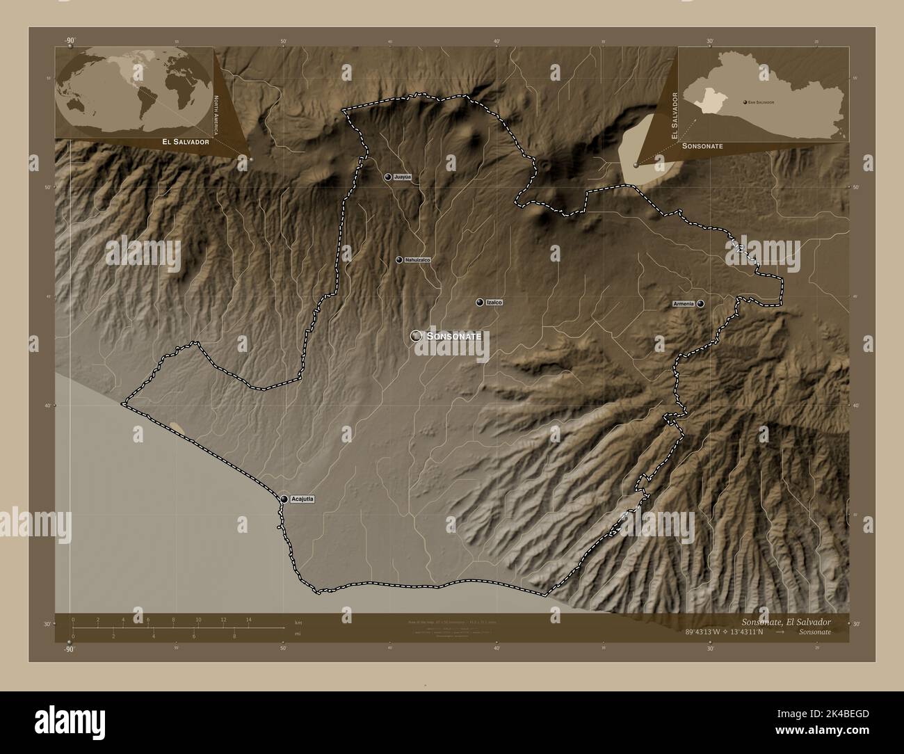 Sonsonate, department of El Salvador. Elevation map colored in sepia ...
