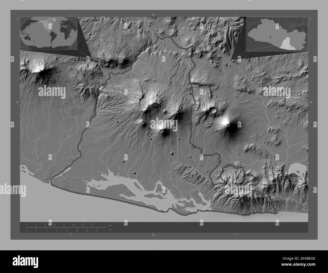 Usulutan, department of El Salvador. Bilevel elevation map with lakes ...