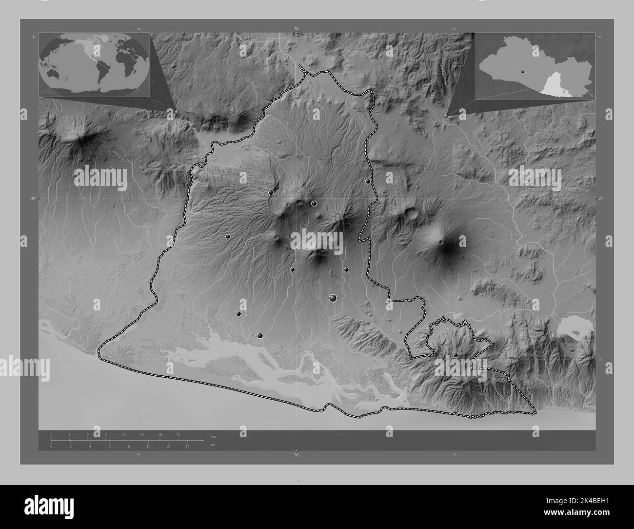 Usulutan, department of El Salvador. Grayscale elevation map with lakes ...