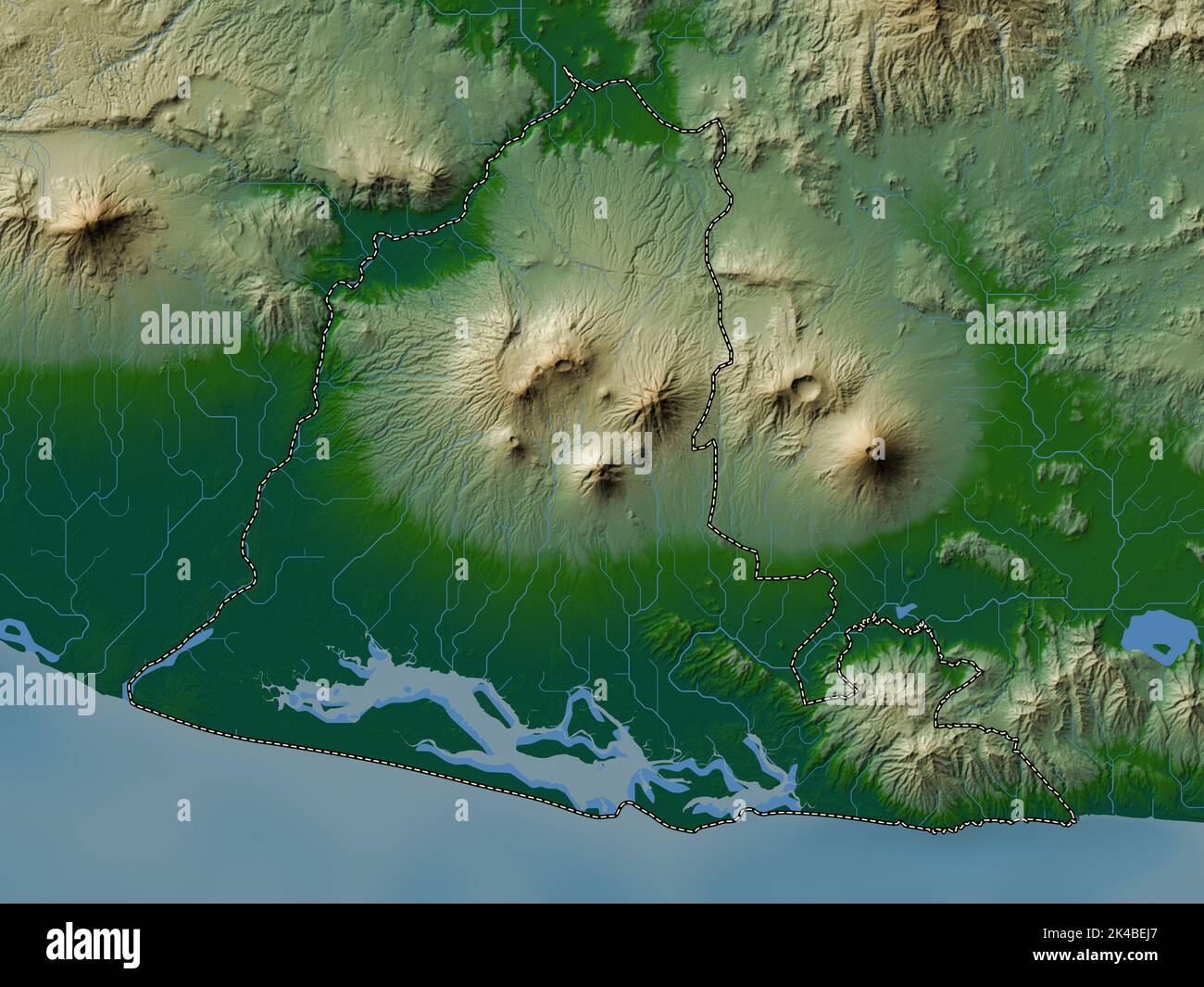 Usulutan, department of El Salvador. Colored elevation map with lakes ...