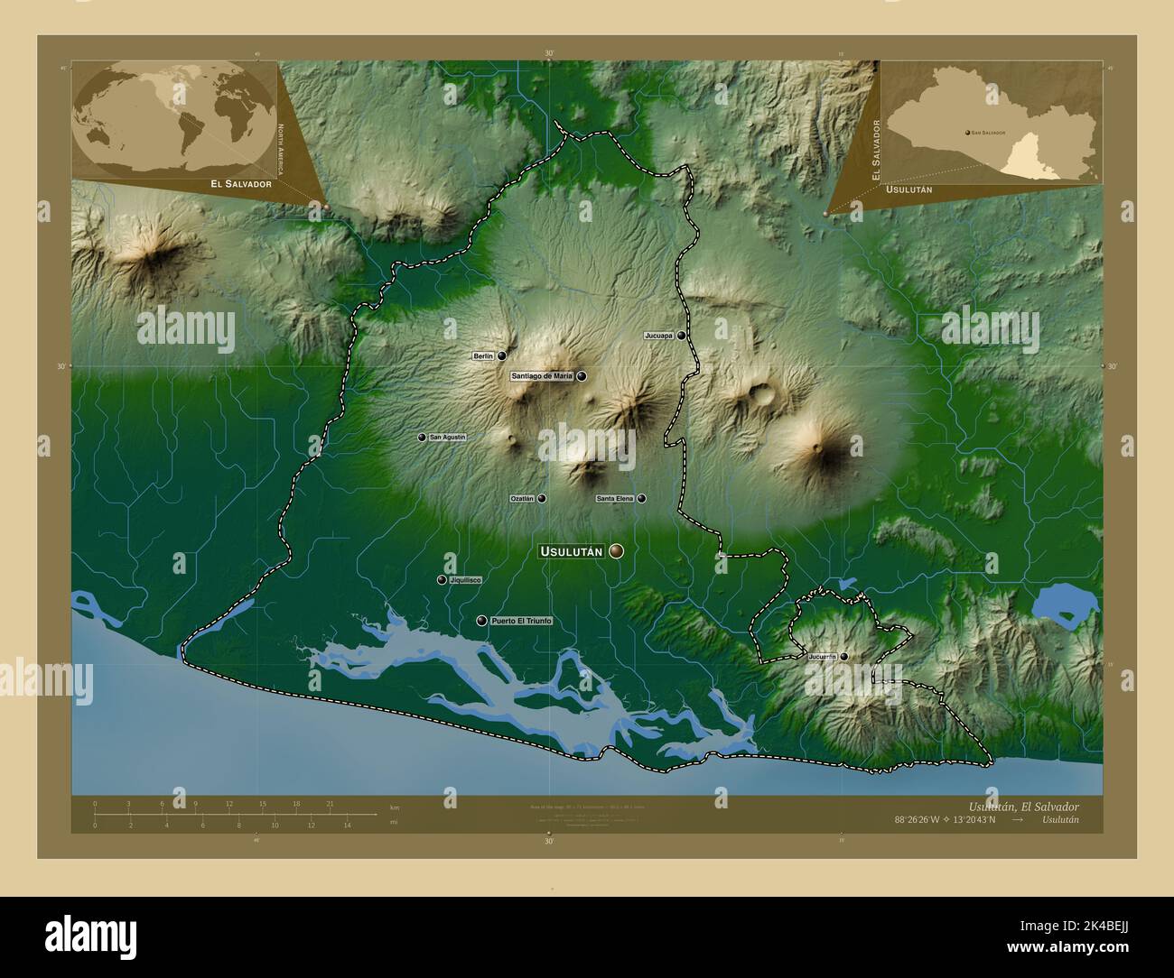 Usulutan, department of El Salvador. Colored elevation map with lakes ...