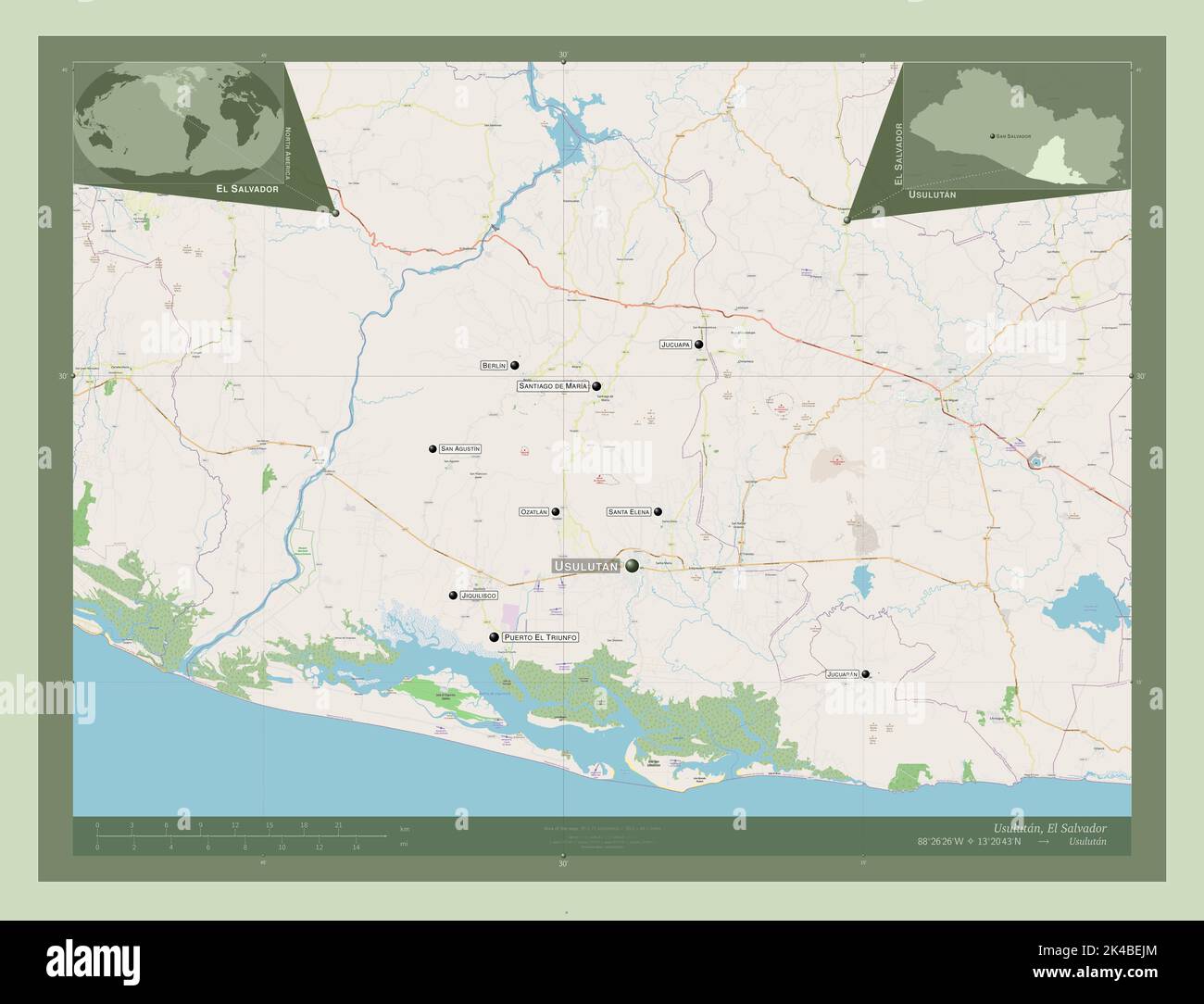Usulutan, department of El Salvador. Open Street Map. Locations and ...