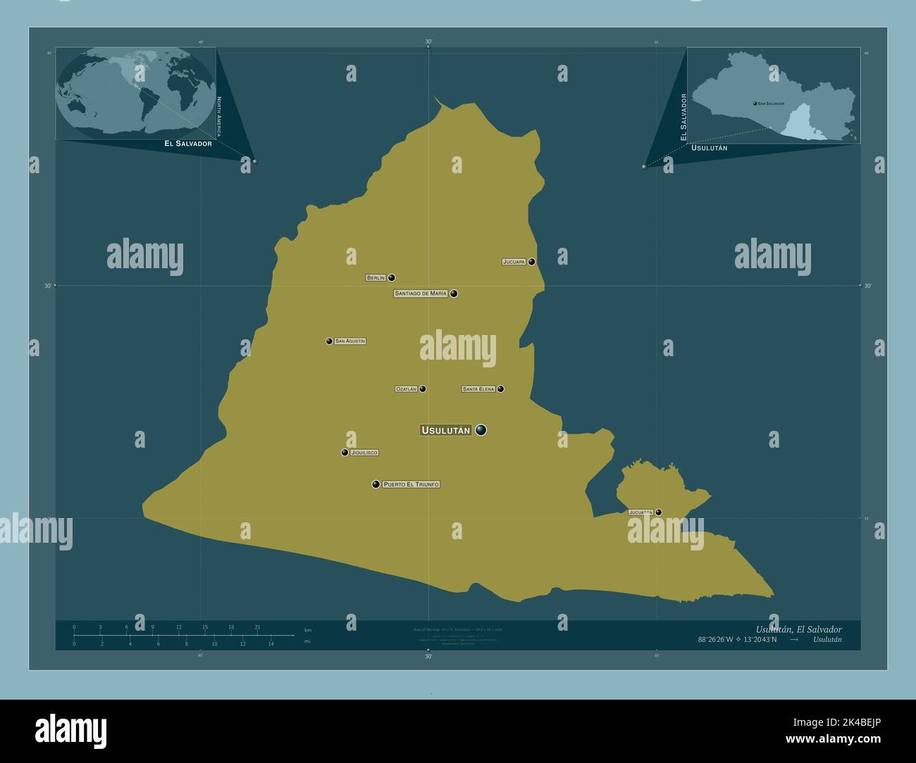 Usulutan, department of El Salvador. Solid color shape. Locations and ...