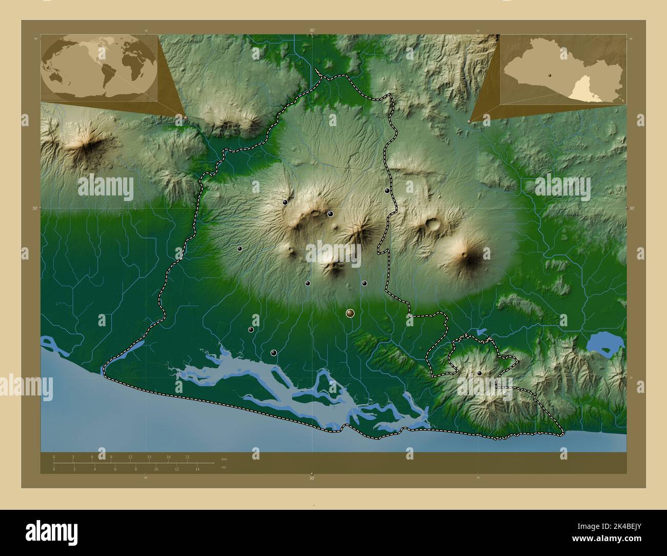 Usulutan, department of El Salvador. Colored elevation map with lakes ...