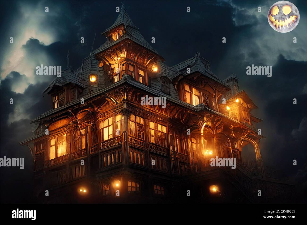 A large victorian house of terror where a full moon shines in the dark ...