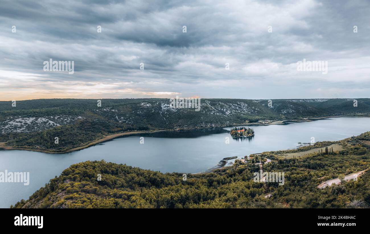 Fall landscape Visovac Monastery, located in Krka National Park &built ...