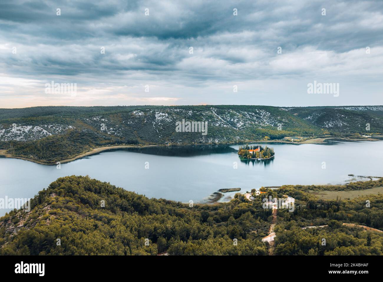 Fall landscape Visovac Monastery, located in Krka National Park &built ...