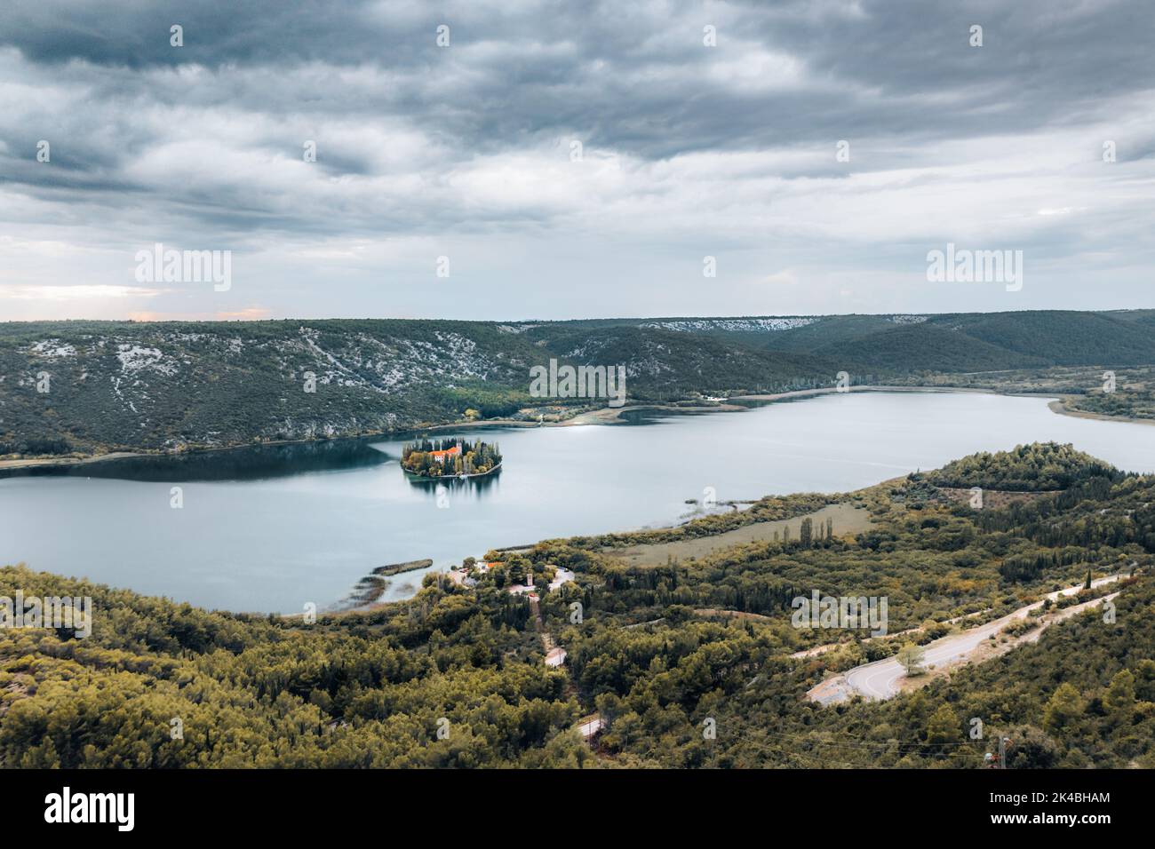 Fall landscape Visovac Monastery, located in Krka National Park &built ...
