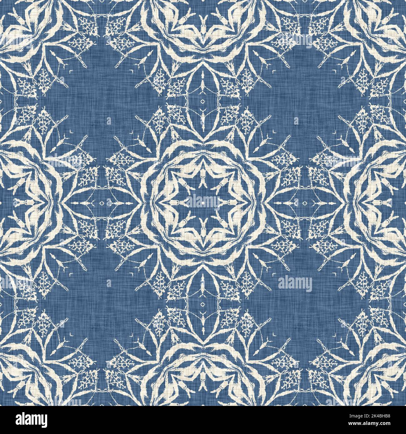 Farmhouse blue snow flake pattern background. Frosty batik damask ...