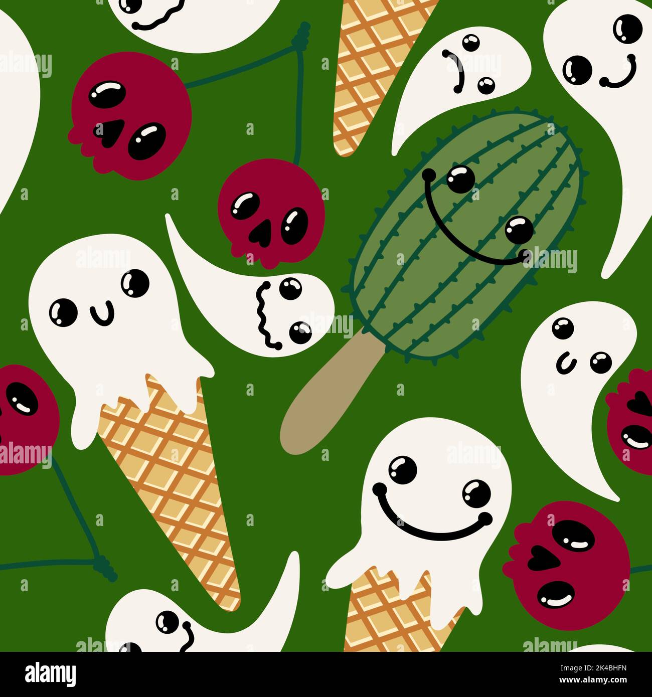 Halloween cartoon doodle seamless ghost ice cream and cactus and skulls ...