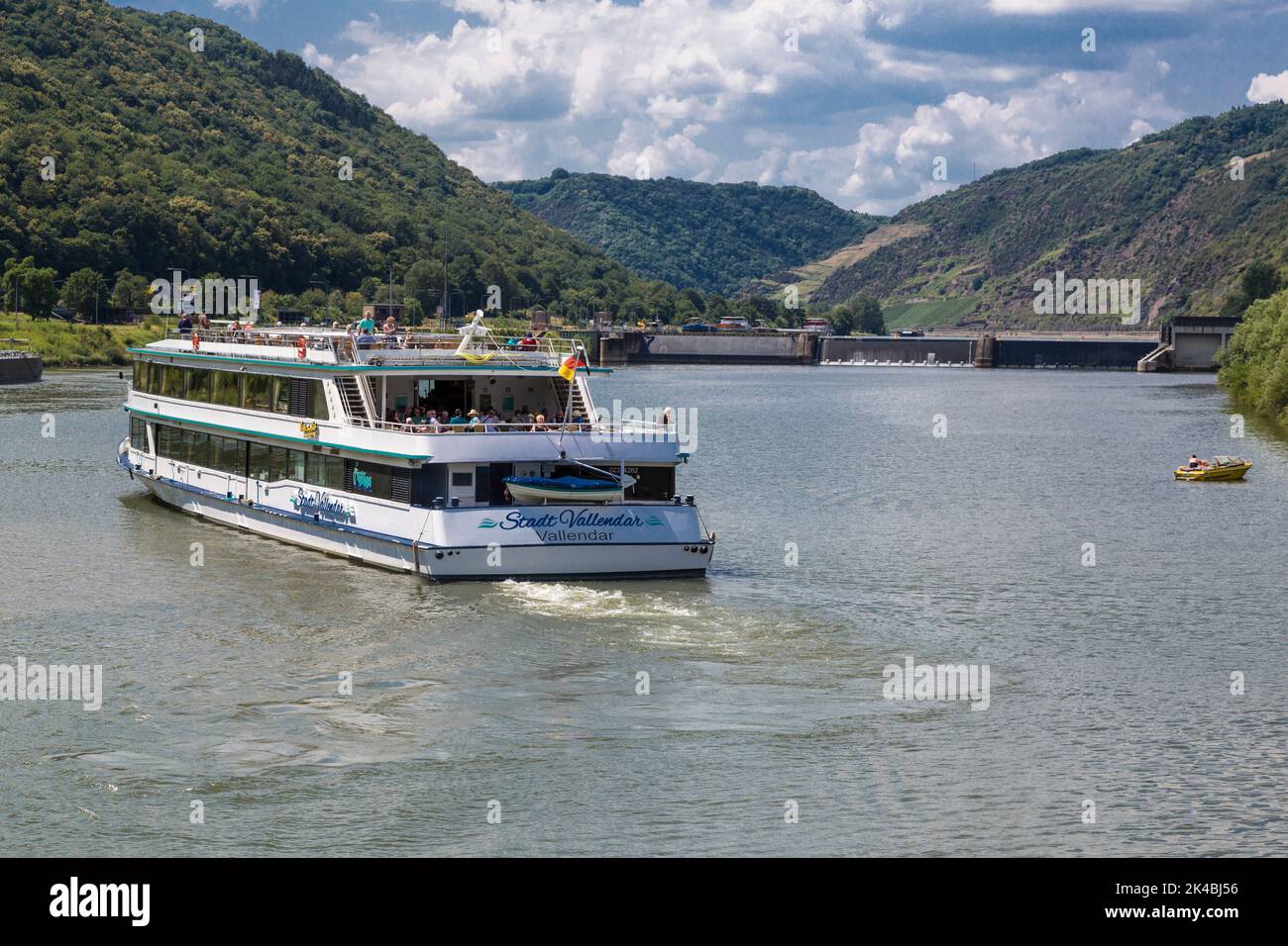 Müden, Germany. Tourist Cruise Boat on the Moselle below Dam and River ...