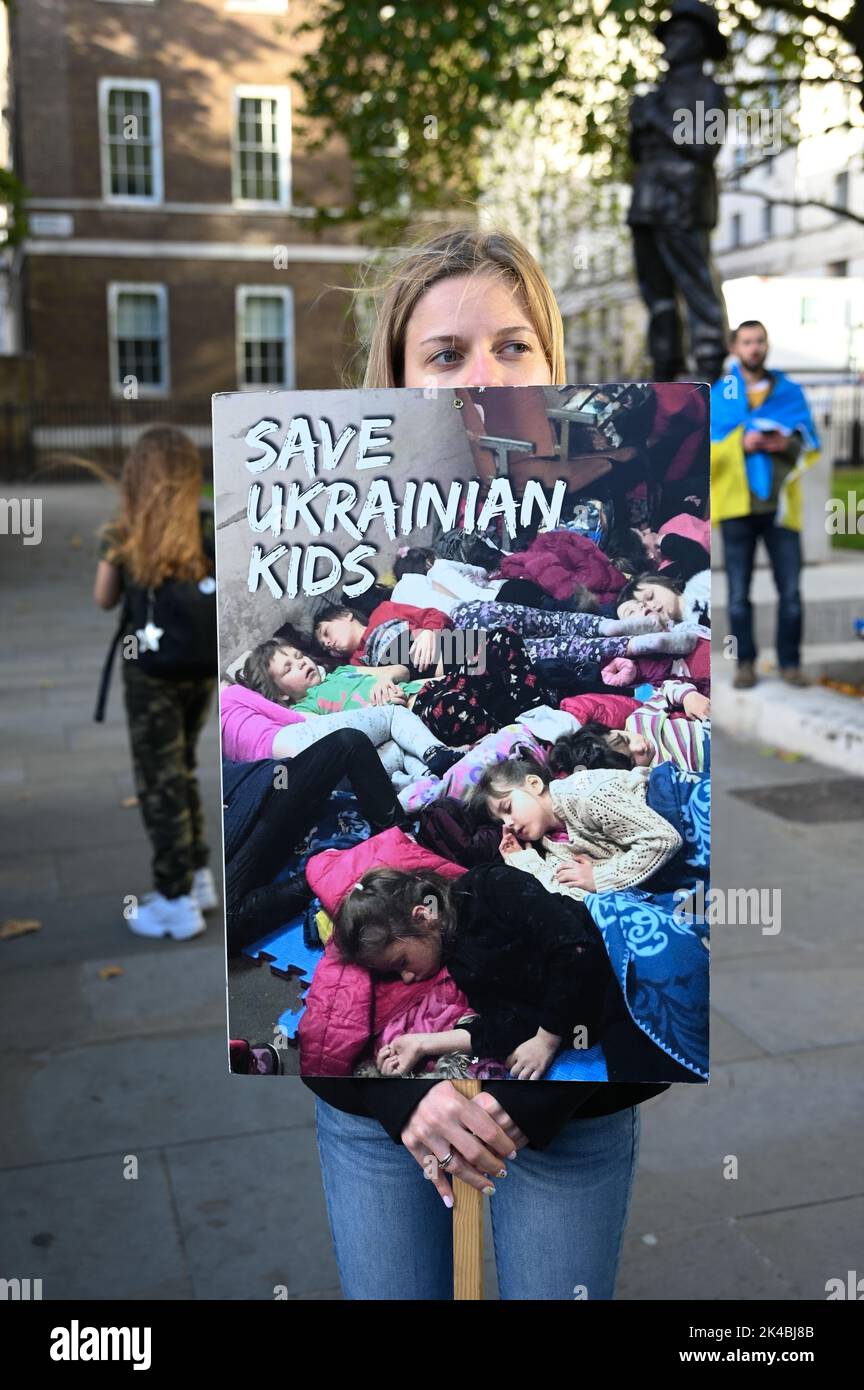 London, UK. 01st Oct, 2022. Ukrainian demonstration shouting Russia is ...