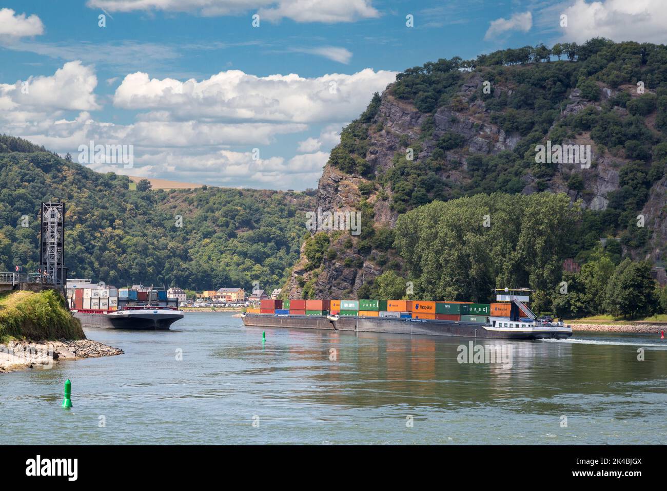 Rhine River, Germany. Container Boat Passing by The Lorelei. Boat on ...